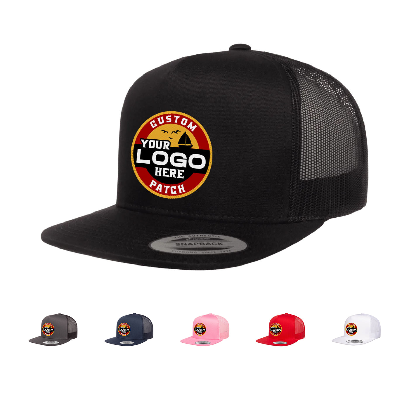 Custom Patch Yupoong 6006 Classic Trucker Snapback Hat, Flat Bill, YP ...